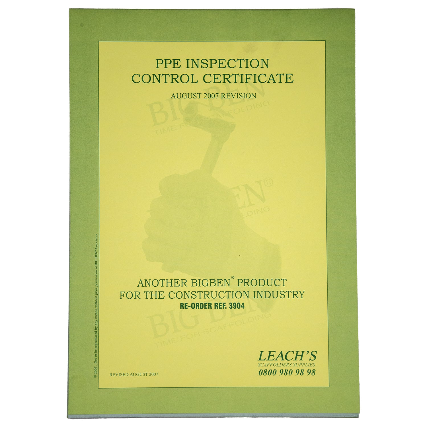 BIGBEN® PPE Inspection Certificates - Pad of 50