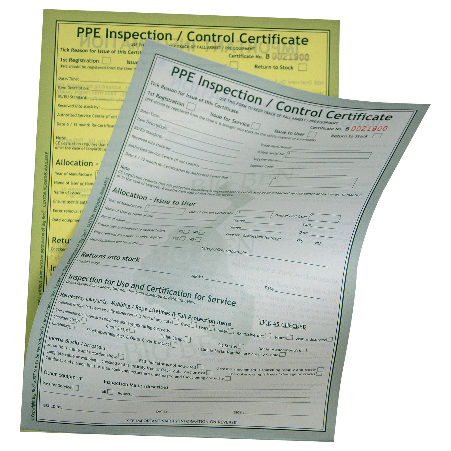 BIGBEN® PPE Inspection Certificates - Pad of 50
