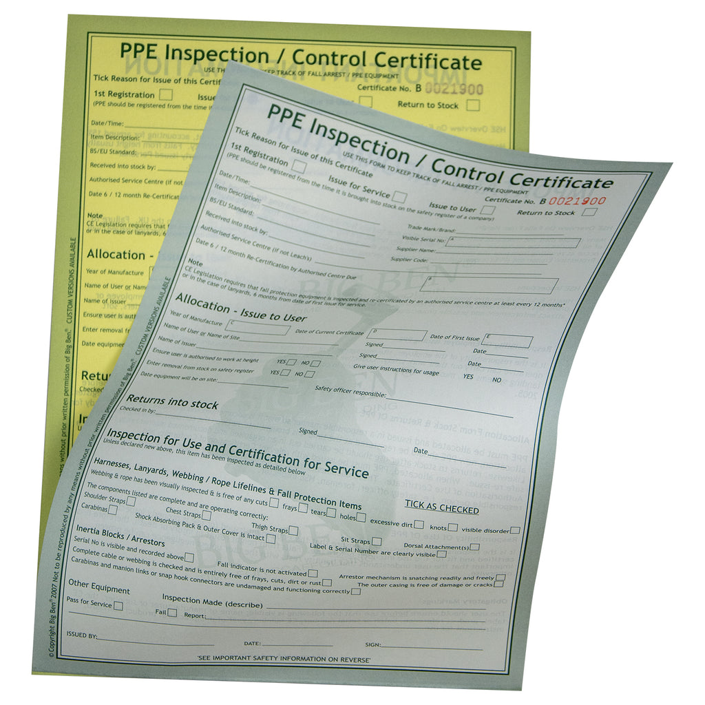 BIGBEN® PPE Inspection Certificates - Pad of 50